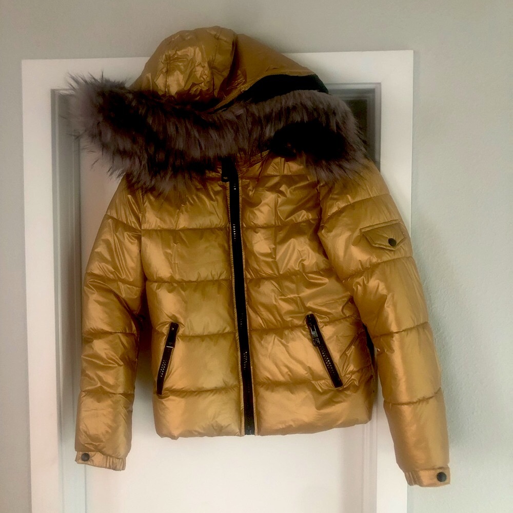 Metallic Gold Puffer Hooded Jacket - Gem